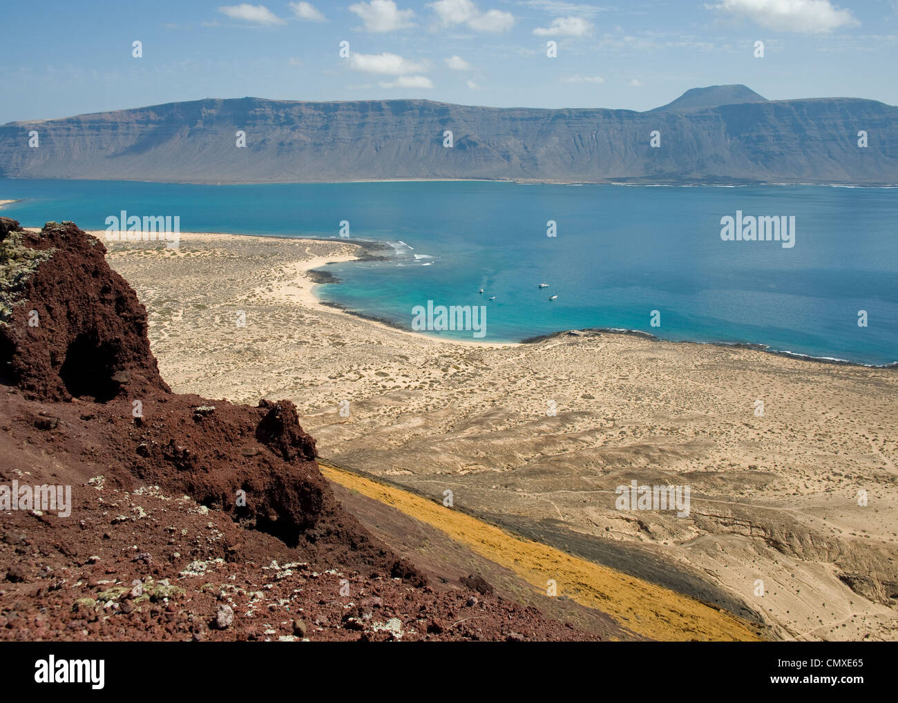 La Graciosa island looking down on one of the bays Playa Francesa with ...