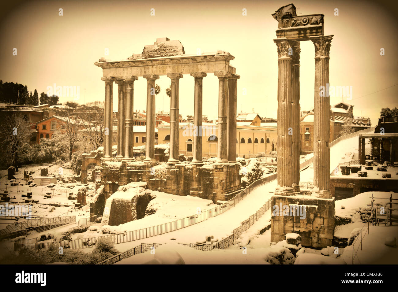 Very rare view of snowing in Rome. The Roman Forum covered by snow ...