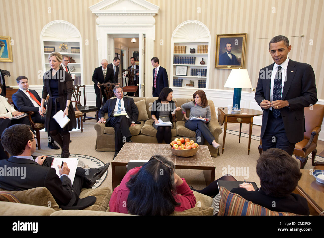President Barack Obama talks with Senior Advisor Valerie Jarrett before ...