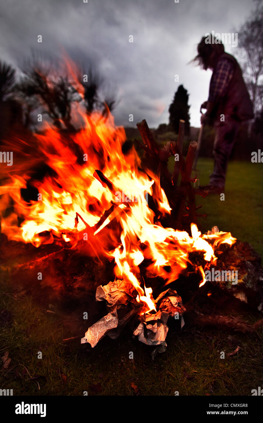 Man burning wood in a garden fire Stock Photo - Alamy