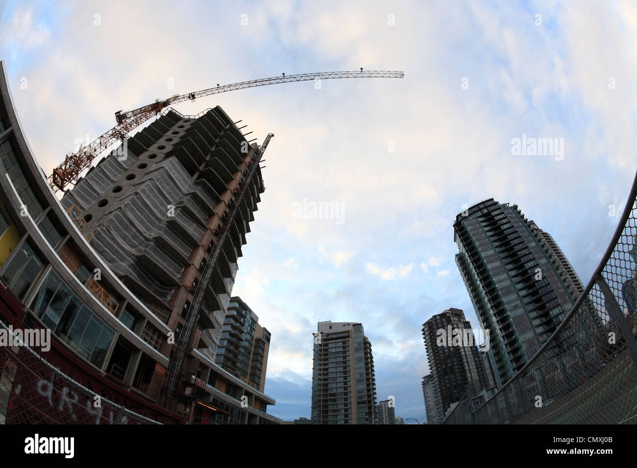 Fisheye view of high-rise under construction, False Creek, Vancouver ...