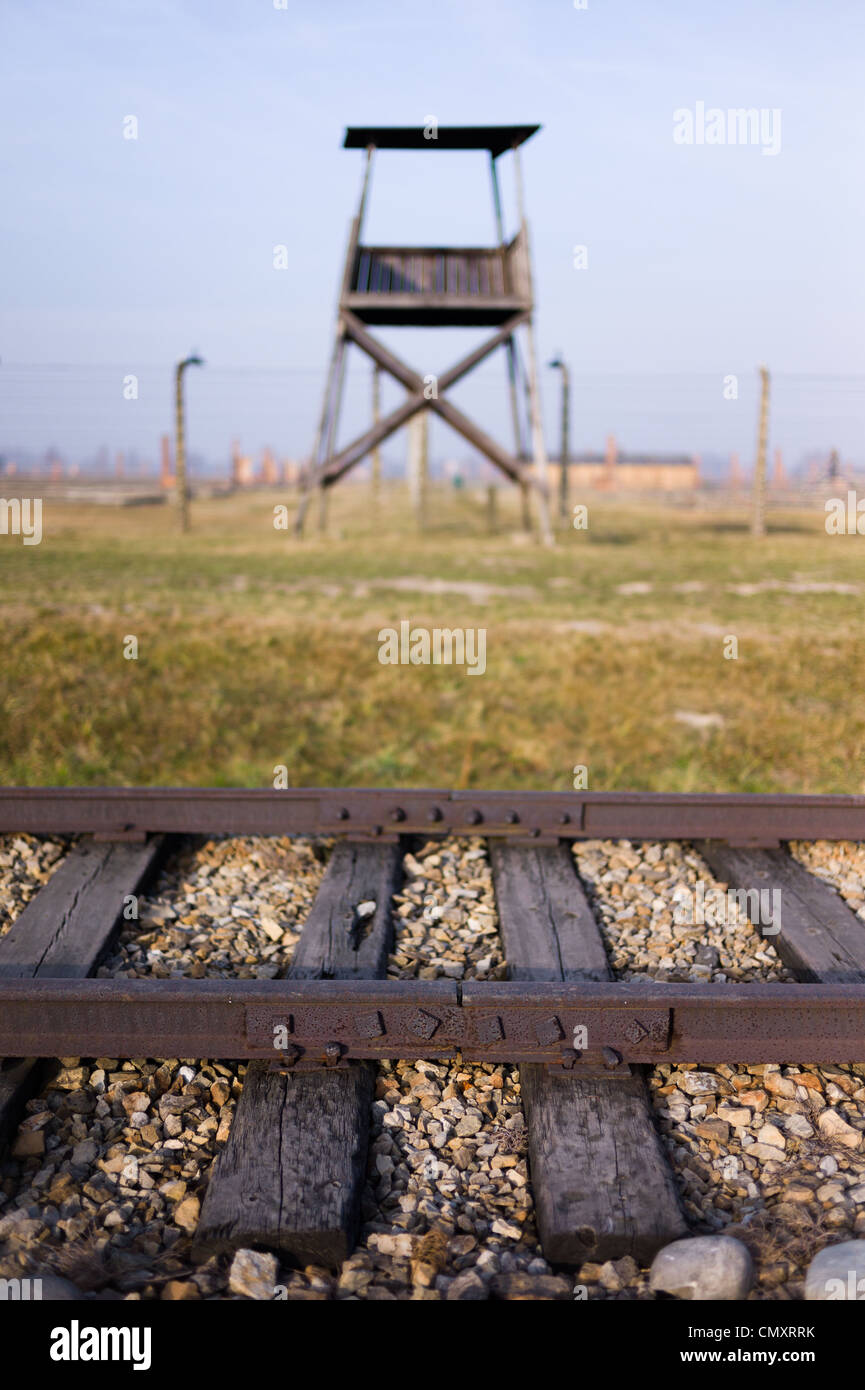 Looking across the railway tracks towards one of the guard towers ...