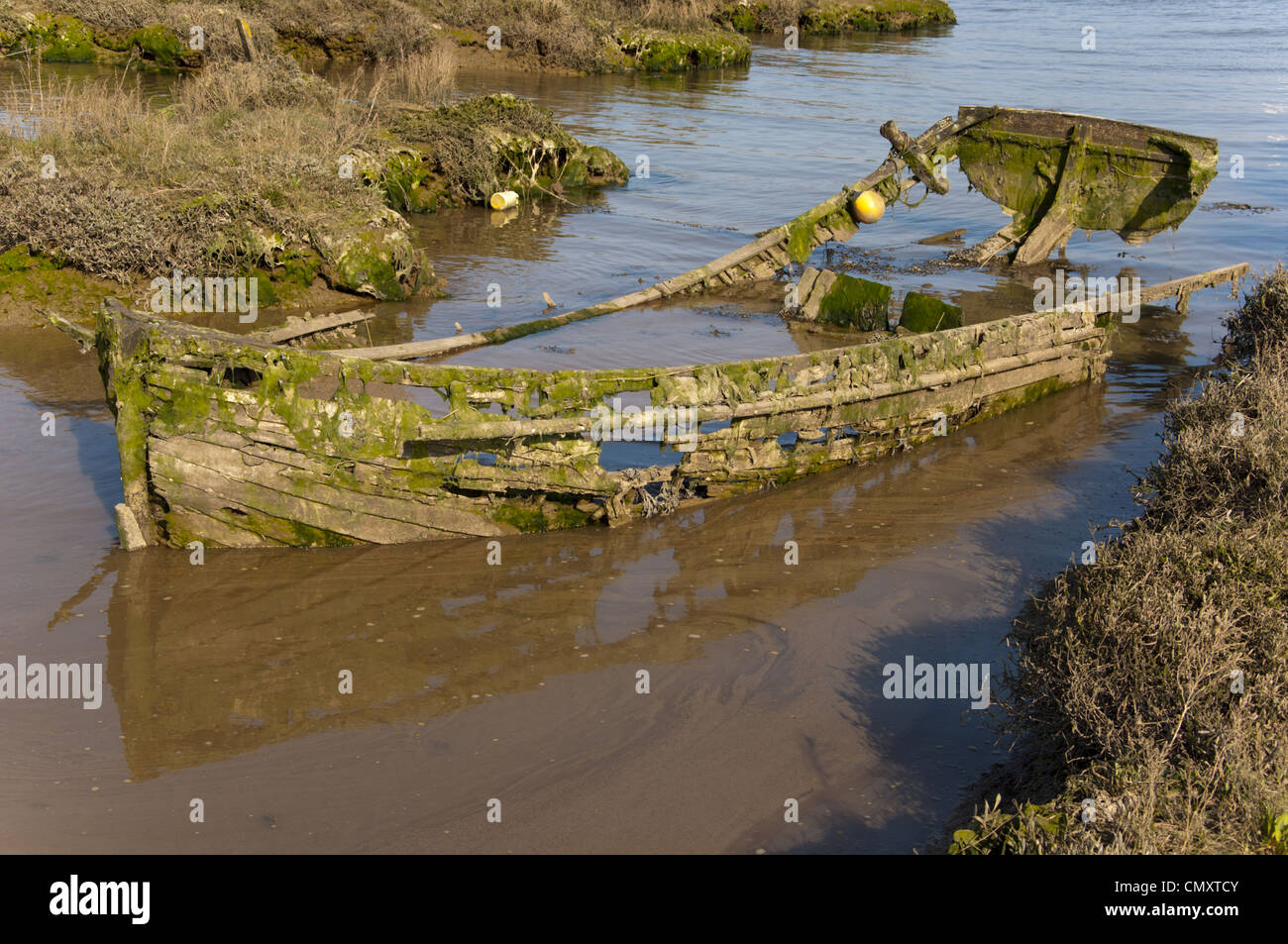Wreck of wooden boat in mud Stock Photo - Alamy