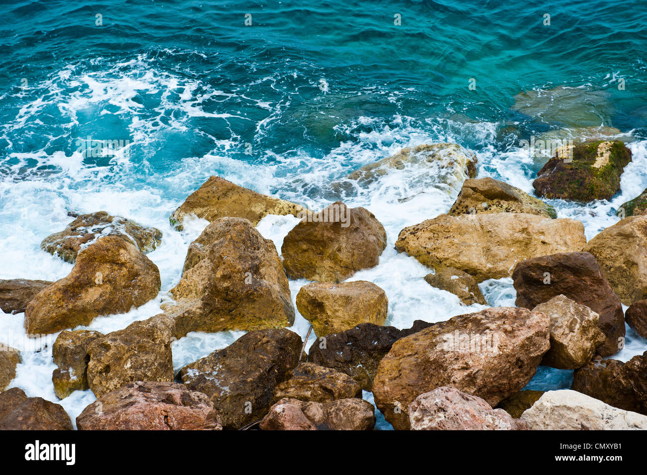 Algae on the rocks of the white foaming Mediterranean Sea Stock Photo ...