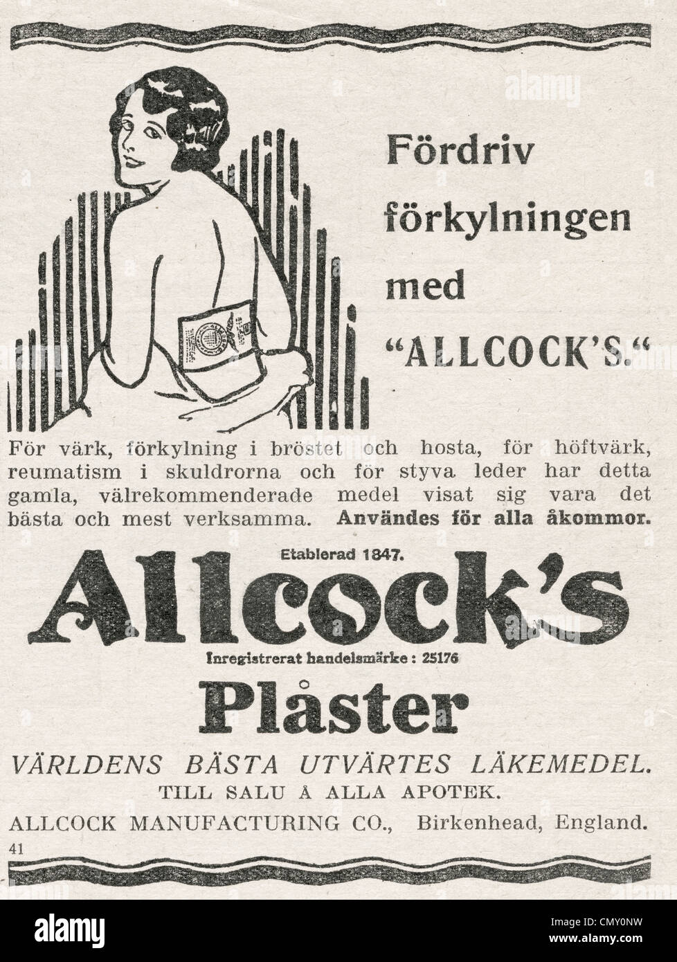 Swedish advertisement from 1930. Allcock's Band-aid. EDITORIAL USE ONLY ...