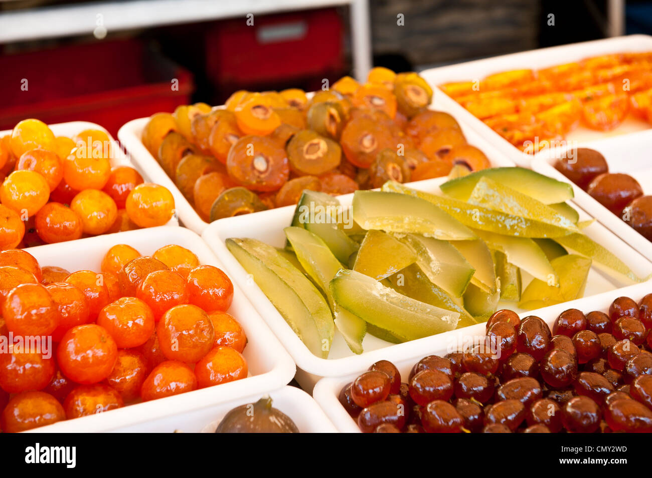 An assortment of gummy candy shaped like vegetables and fruits Stock ...