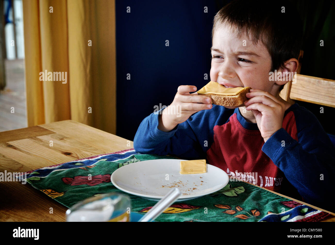 Little boy at breakfast table biting in toast and slice of processed ...