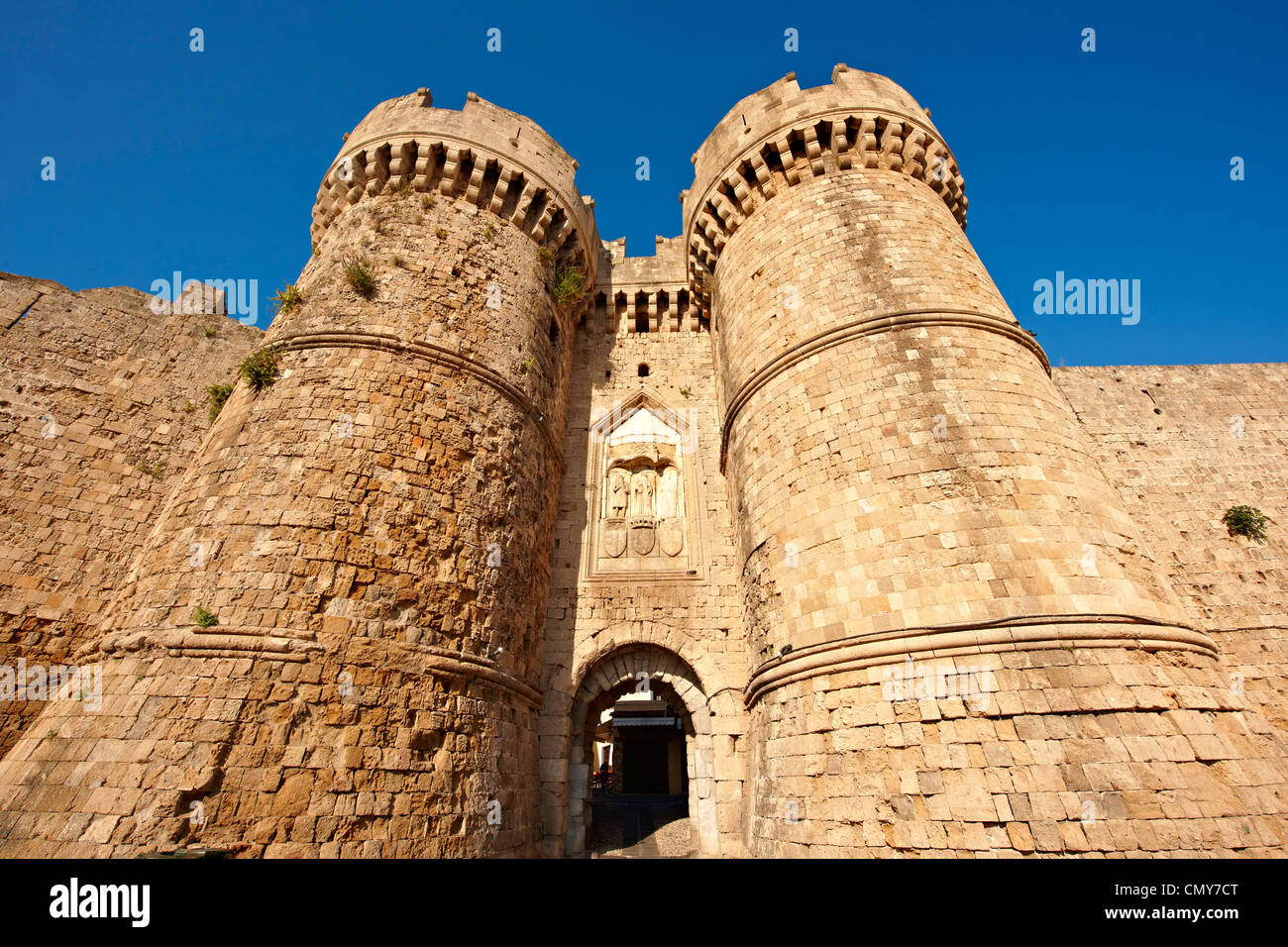 Medieval St Catherine's Gate towers of Rhodes old town. Rhodes Island ...