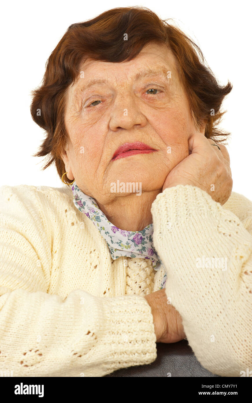 Close up of serious elder face isolated on white background Stock Photo ...