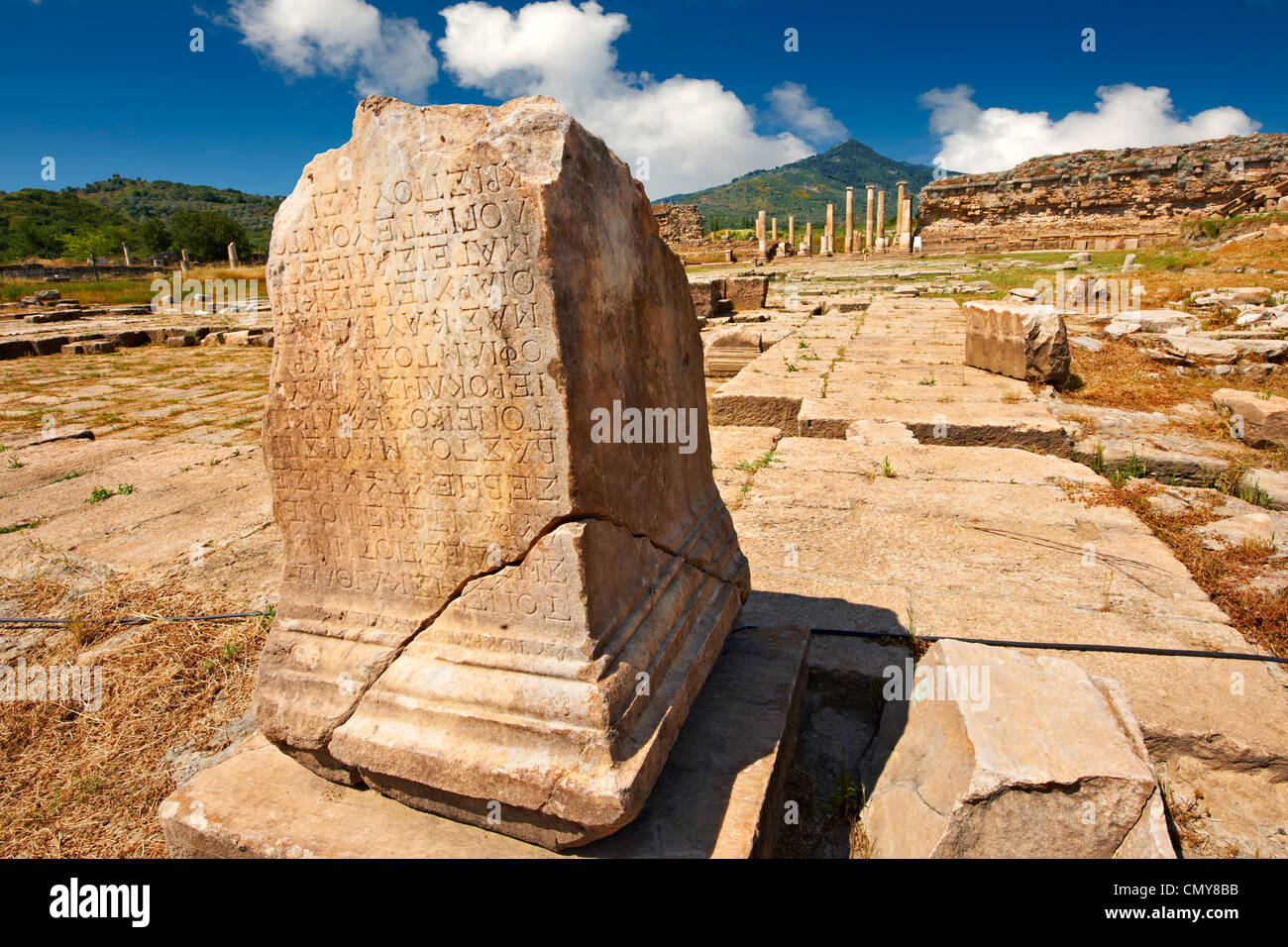 Greek incription on a plynth in the sanctuary of Artimis with the Agora ...