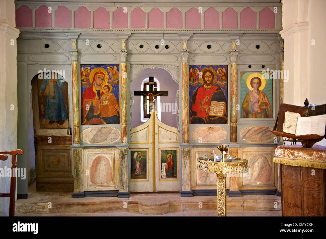 Interior of a chapel and Orthodox icons of the Byzantine of Nea Moni ...