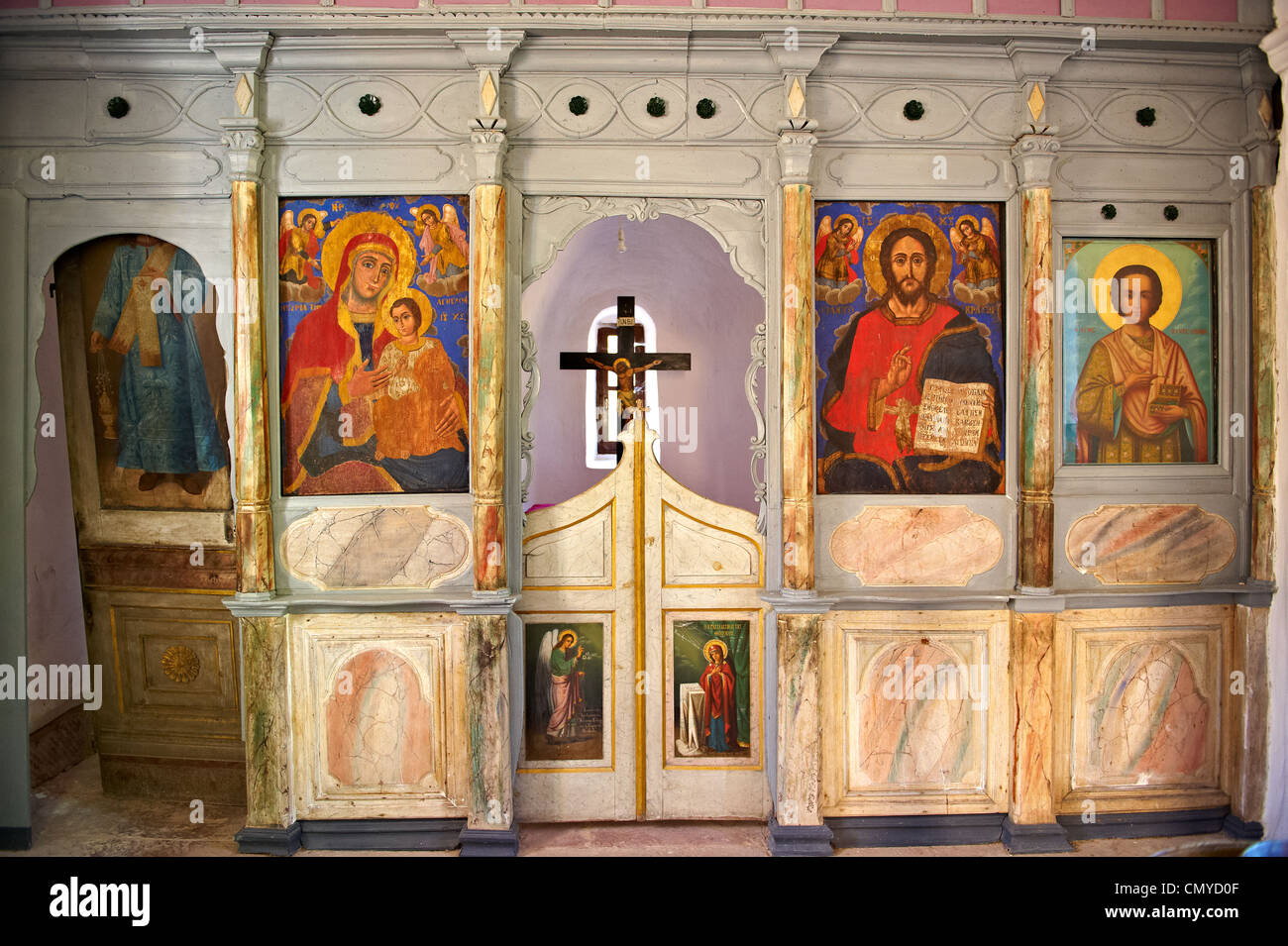 Interior of a chapel and Orthodox icons of the Byzantine of Nea Moni ...