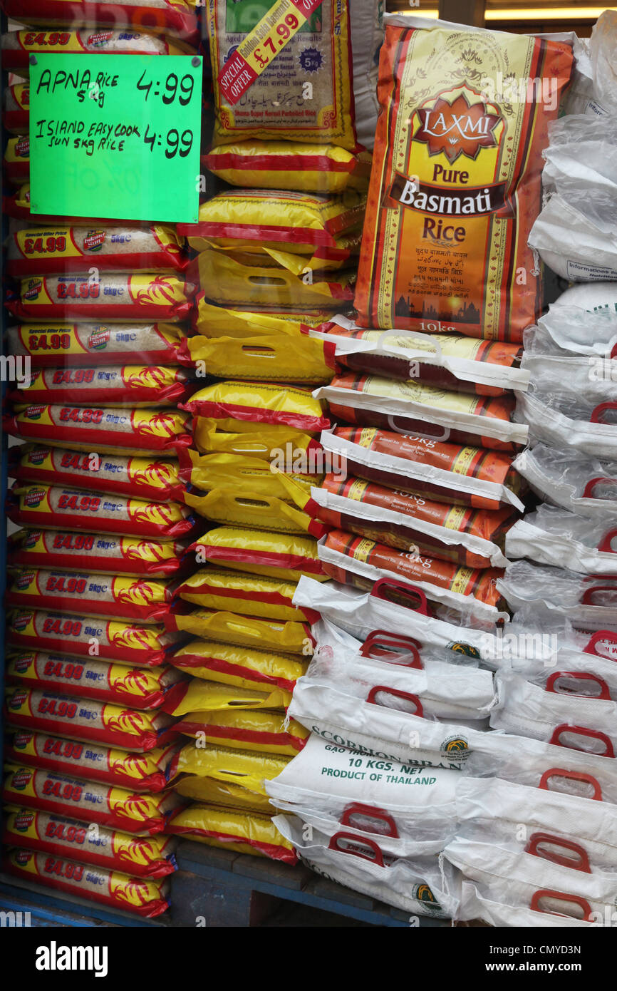 Rice at a Cash and Carry style shop in Harlesden, London Stock Photo ...