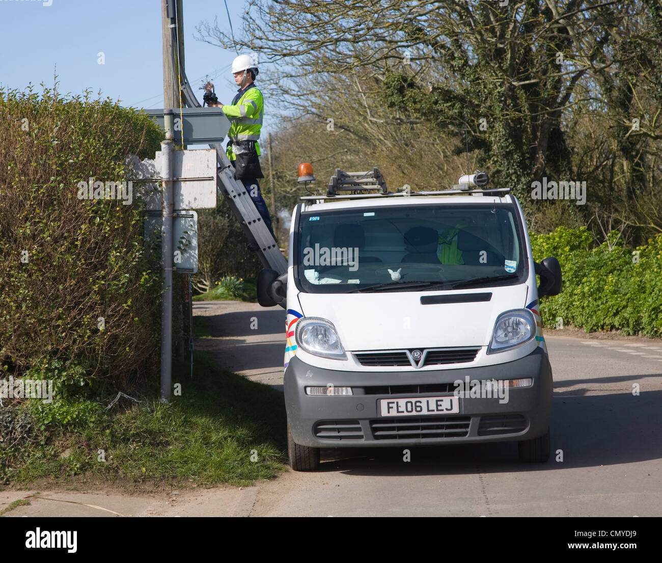 BT engineer working on phone lines, England Stock Photo - Alamy