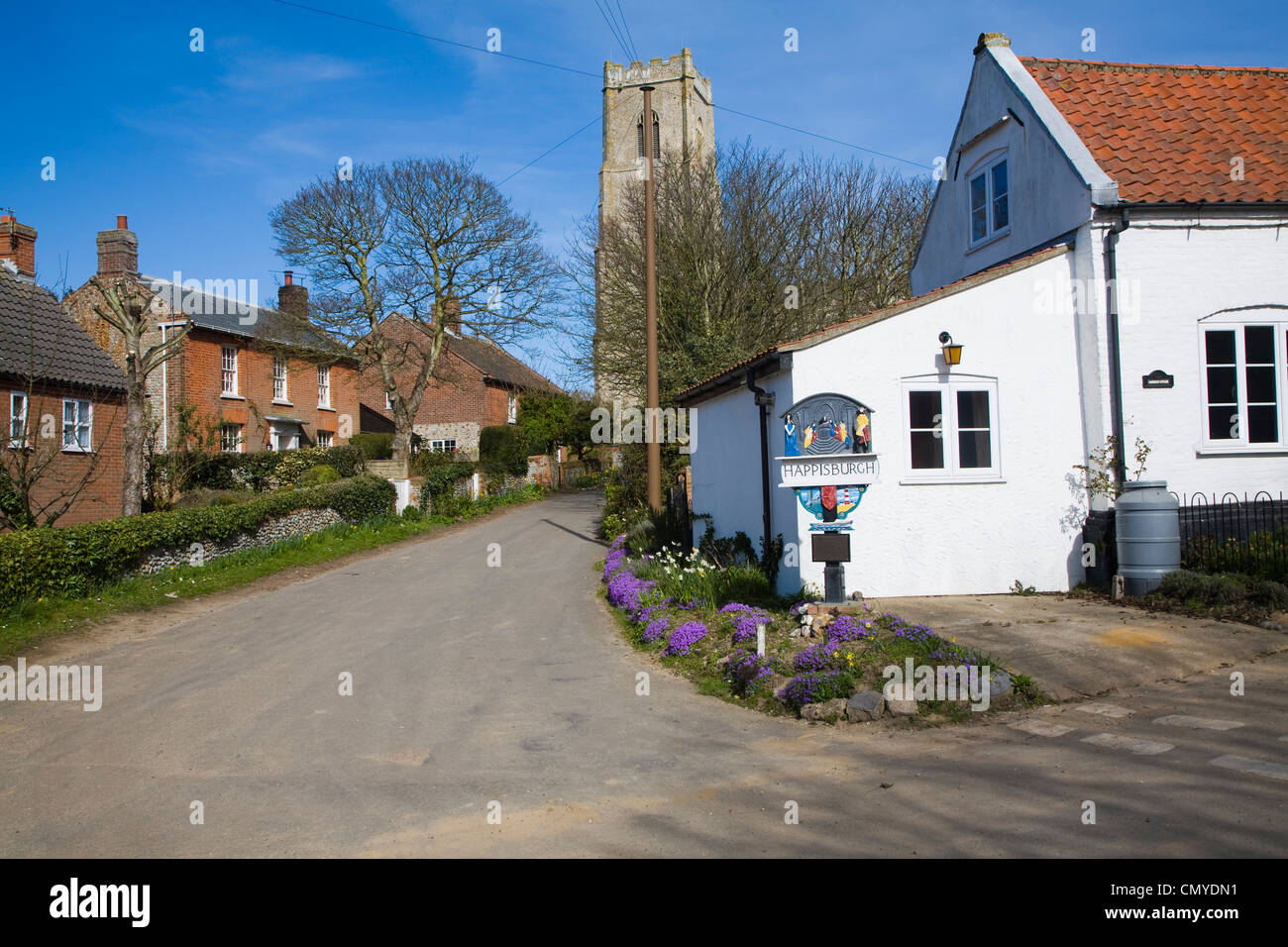 Village sign and buildings, Happisburgh, Norfolk, England Stock Photo ...