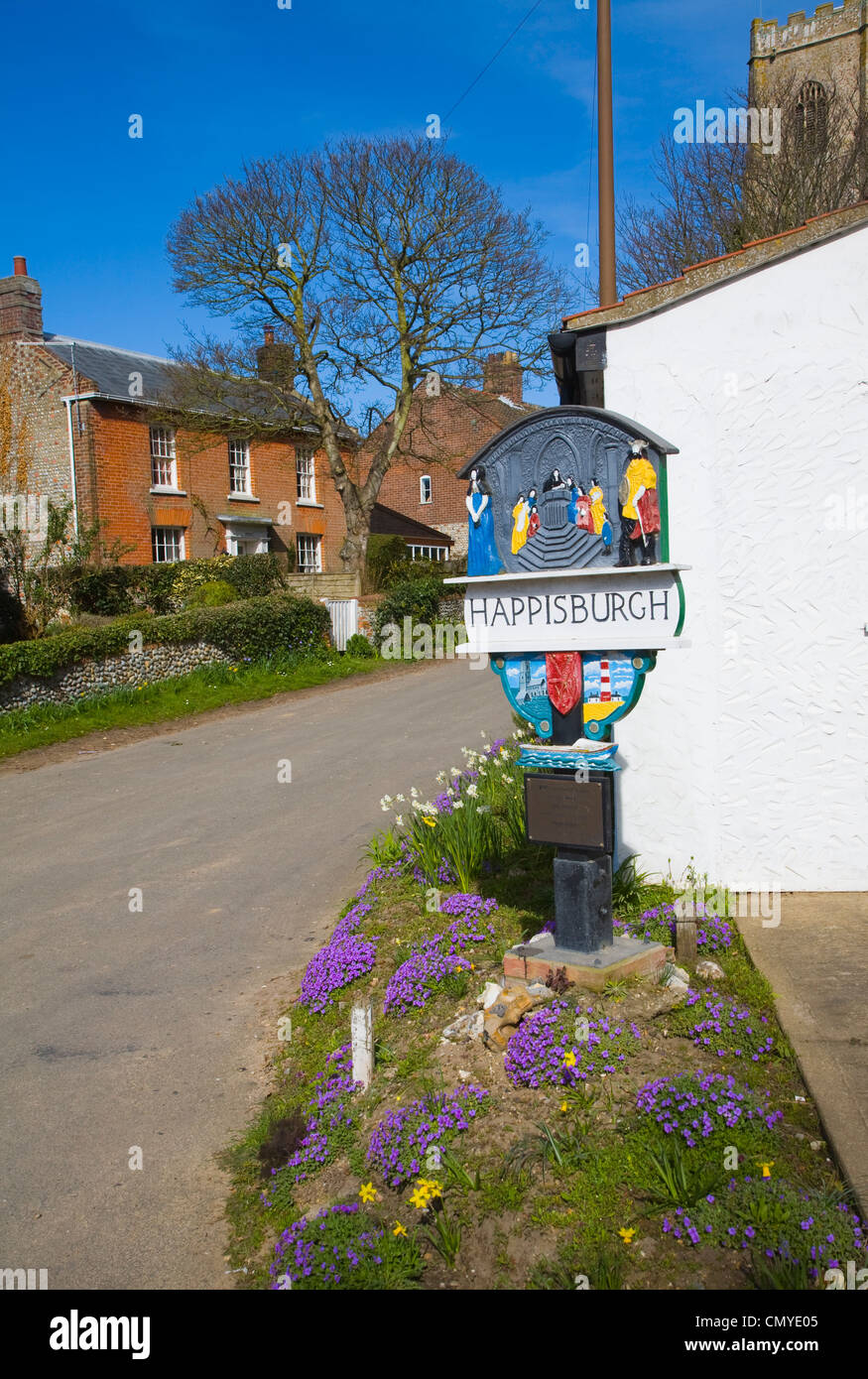 Village sign and buildings, Happisburgh, Norfolk, England Stock Photo ...
