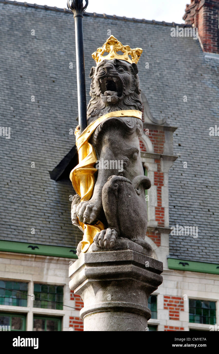 Belgium, Flanders, Ghent, Sint Veerleplein Square, Statue of a Lion ...