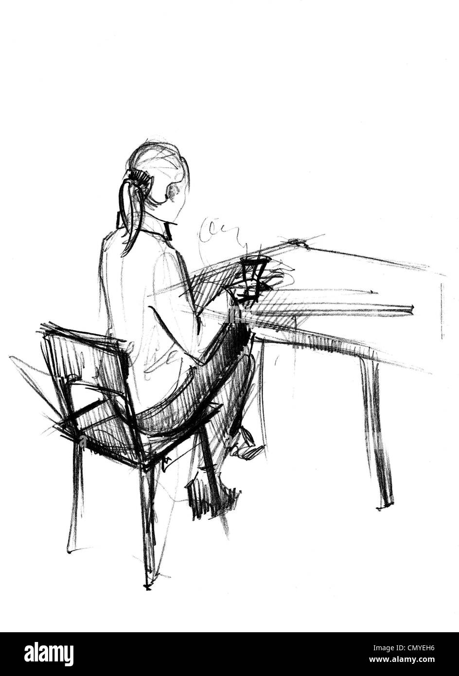 a image of sitting girl at the table with glass Stock Photo - Alamy