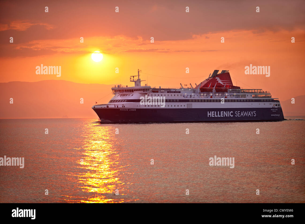 Hellenic Seaways Ferry arriving at sunset ariving at Chios Island ...