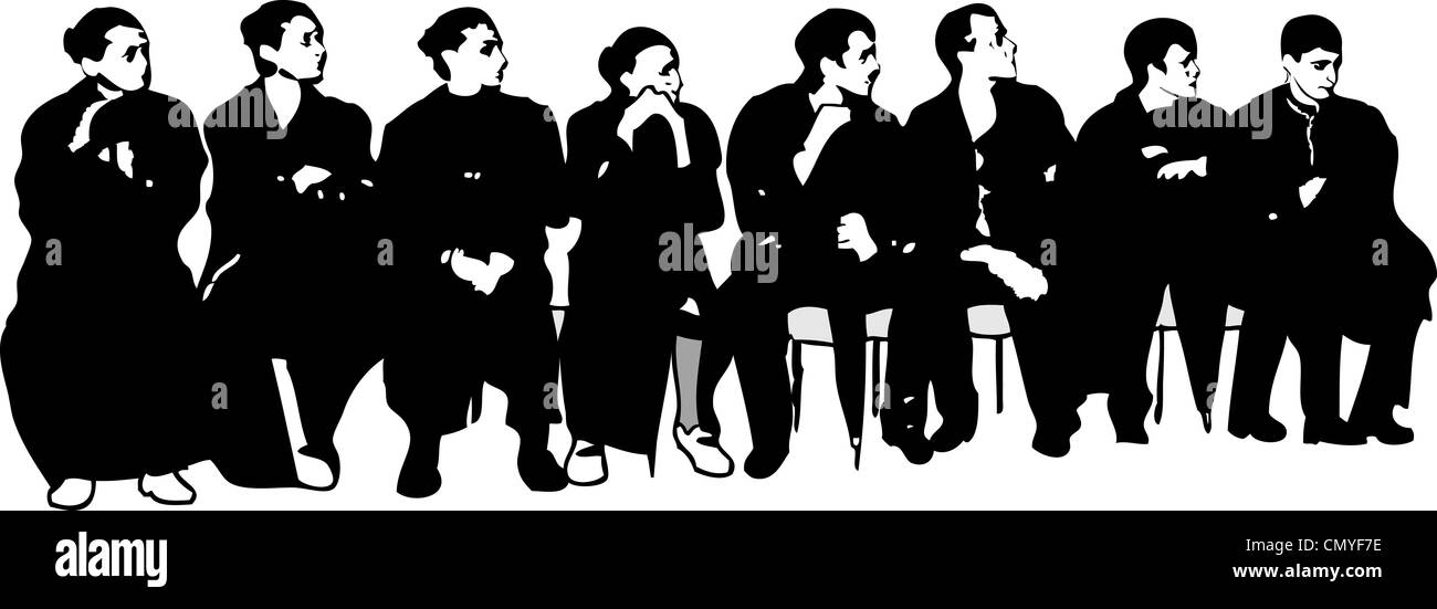 black and white picture of people sitting in the queue Stock Photo - Alamy