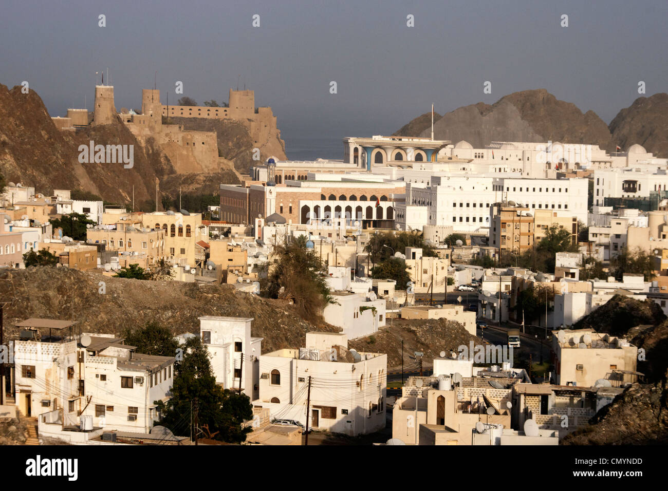 Oman Muscat Sultans Palace and Al Mirani Fort viewpoint Stock Photo - Alamy