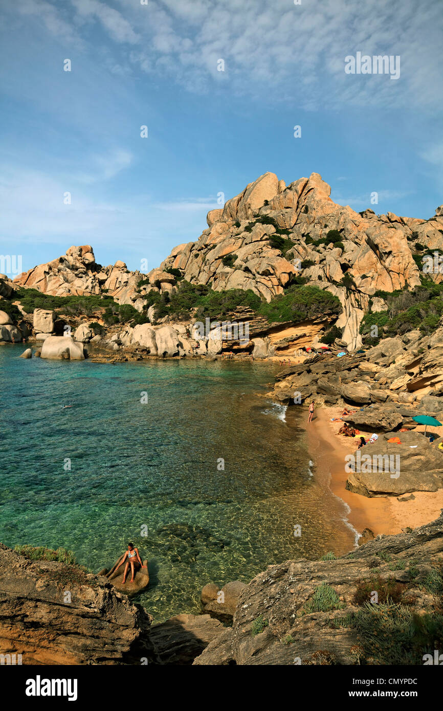 Italy Sardinia Capo Testa Cala Spinosa, sand beach with cristal clear ...