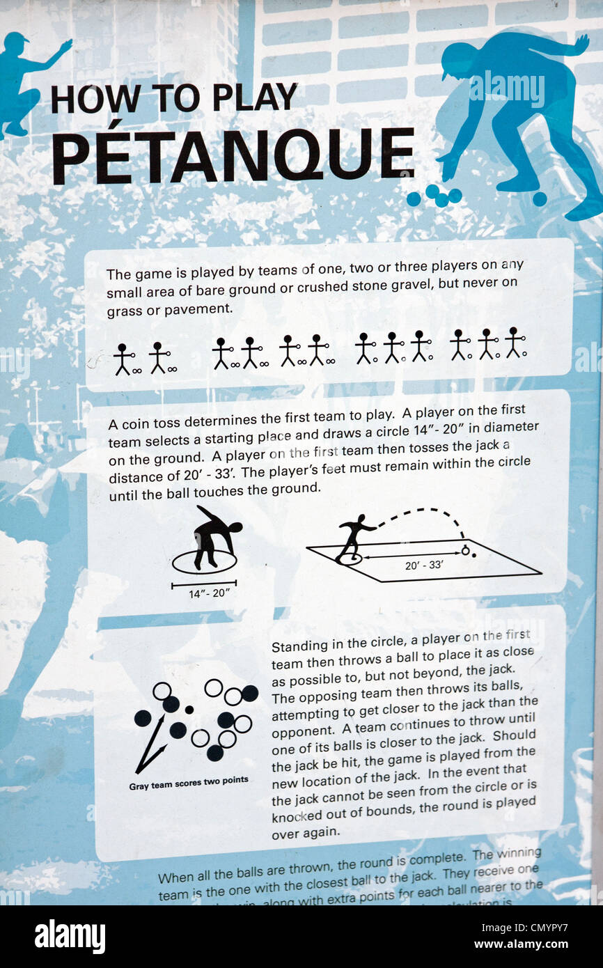 A sign in Bryant Park in New York City explains the rules of petanque, a French bowling game ...