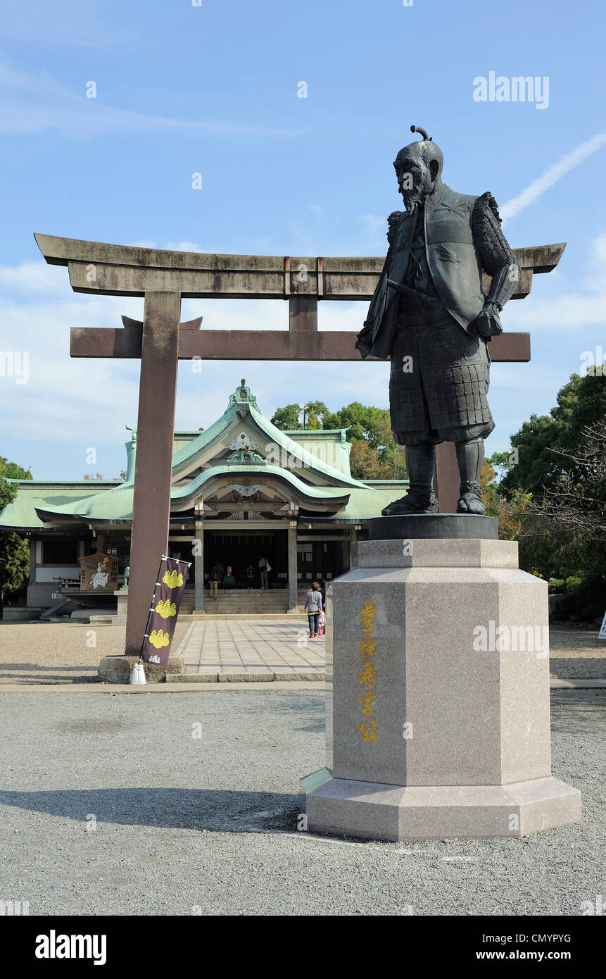 samurai statue in front of temple at Osaka-Jo castle, Osaka, Japan ...
