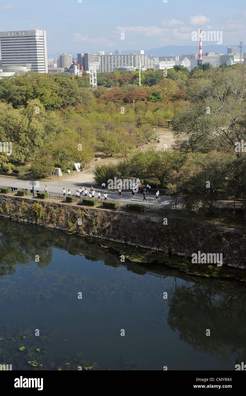 ditch of Osaka-Jo castle and skyline, Osaka, Japan Stock Photo - Alamy