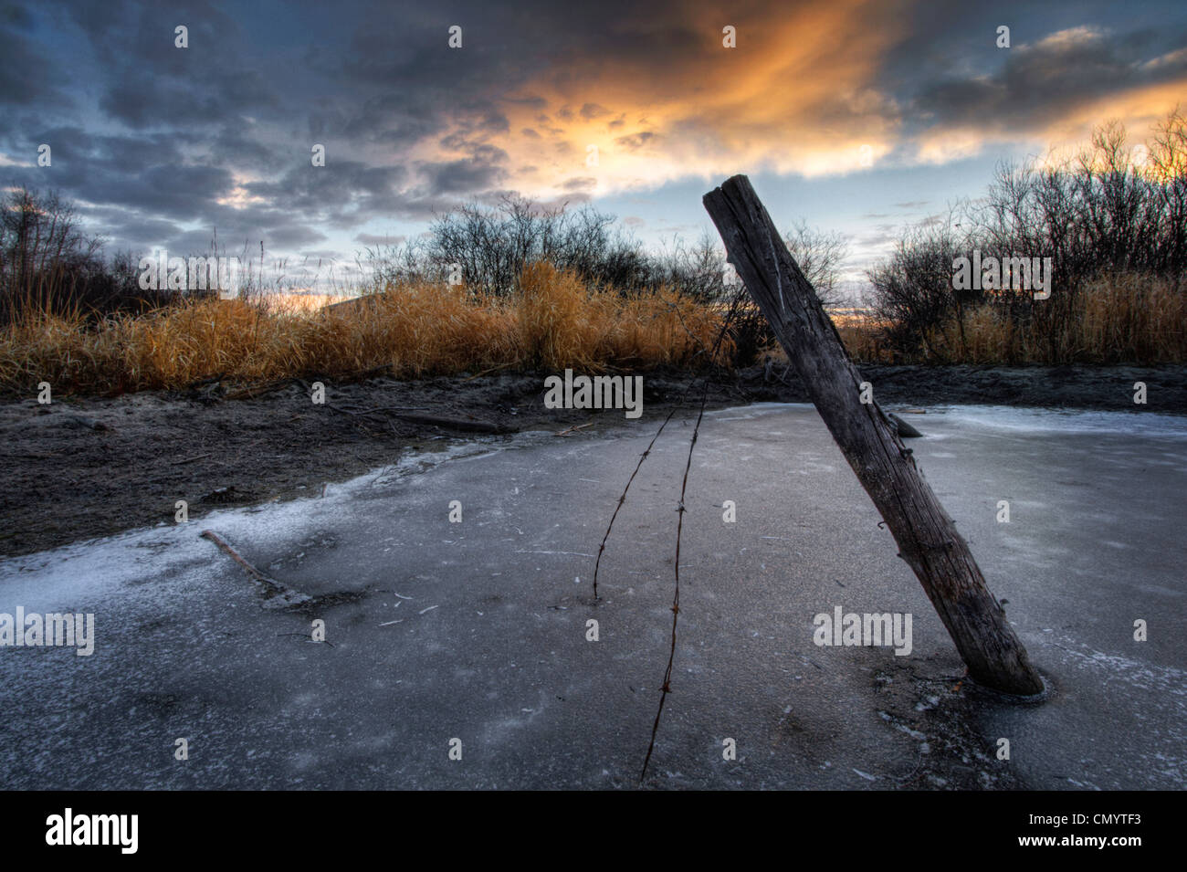 Fence Post and Barbed Wire Sticking Out of a Frozen Pond, Alberta Stock ...