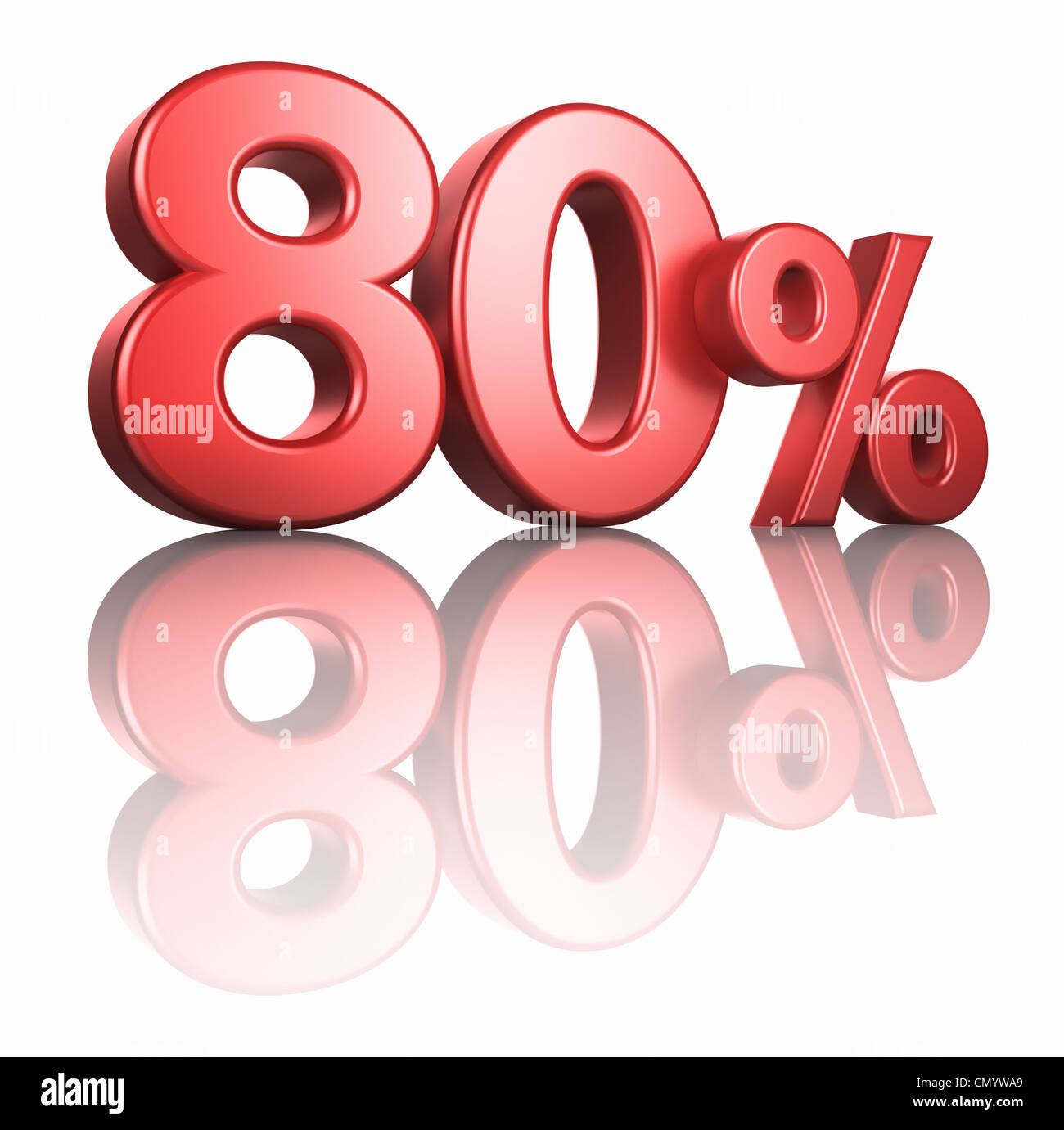 Glossy red eighty percent on white background with mirror floor, 3d ...