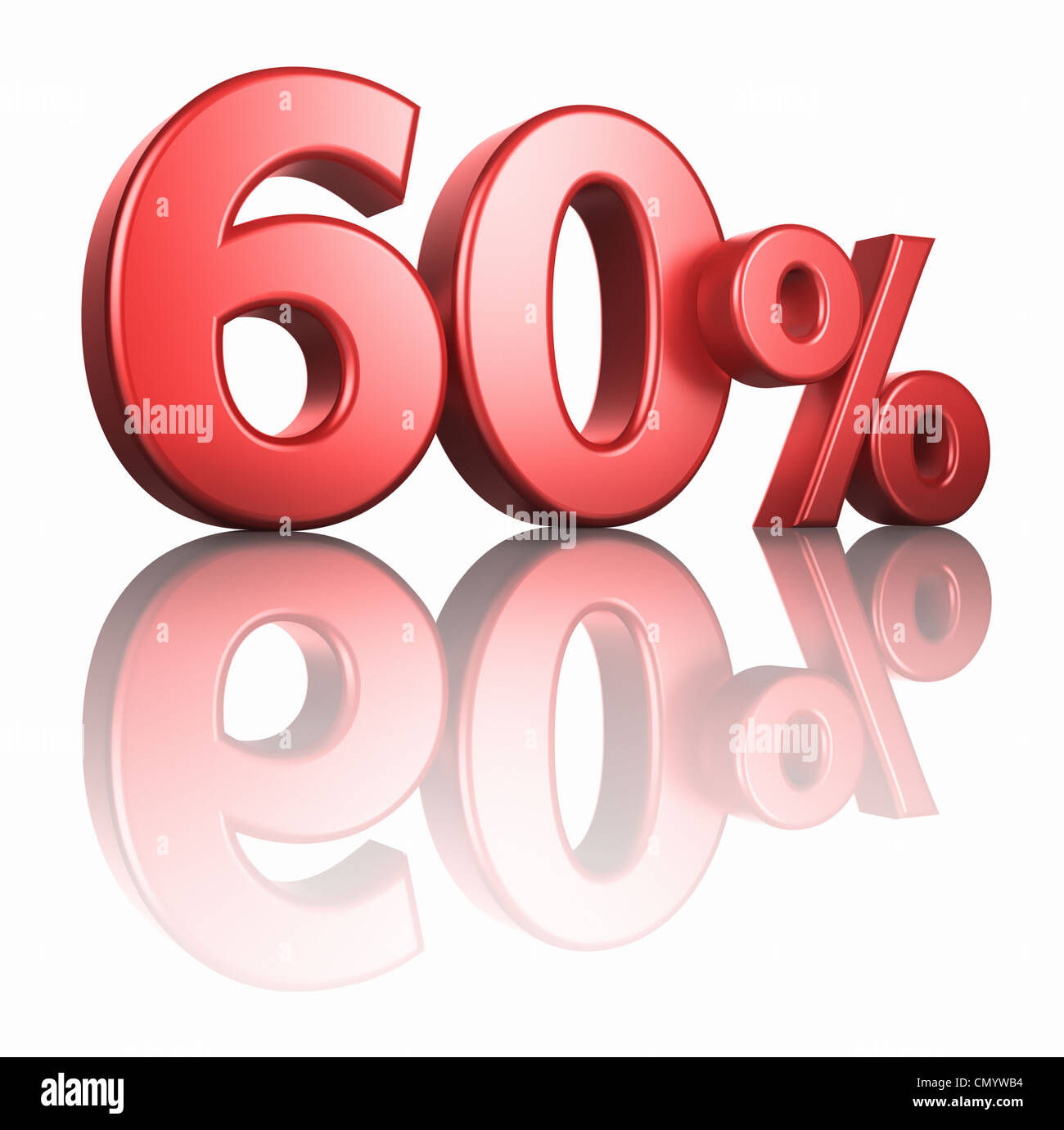 Glossy red sixty percent on white background with mirror floor, 3d ...