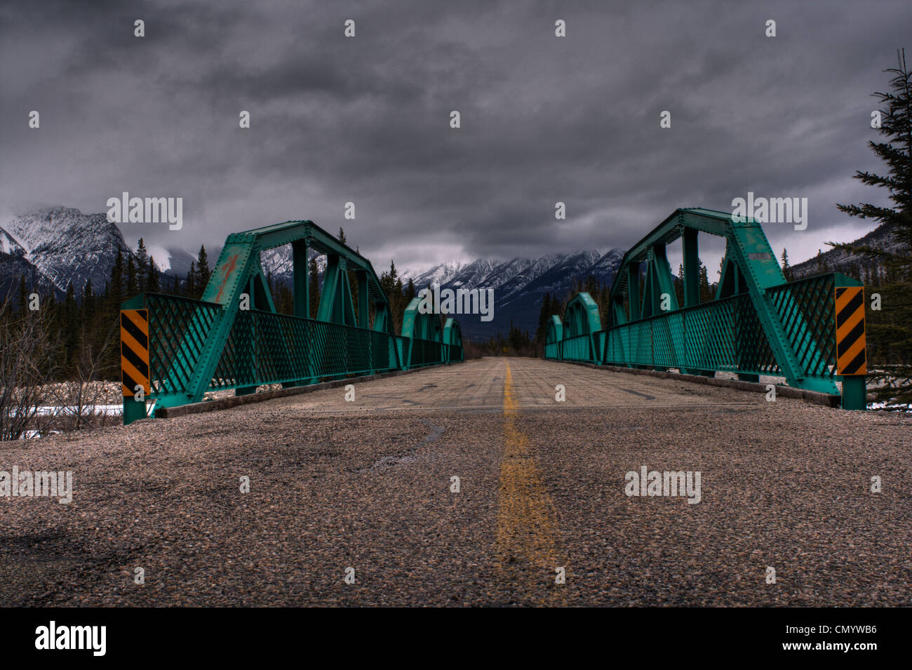 Old Green bridge across the Snaring River, Jasper National Park ...