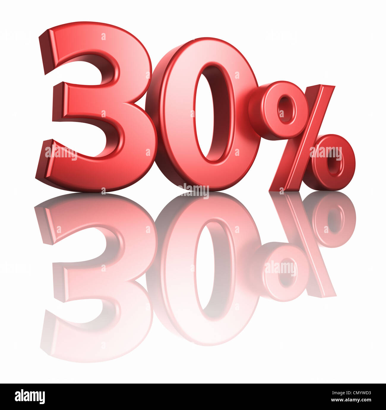 Glossy red thirty percent on white background with mirror floor, 3d ...