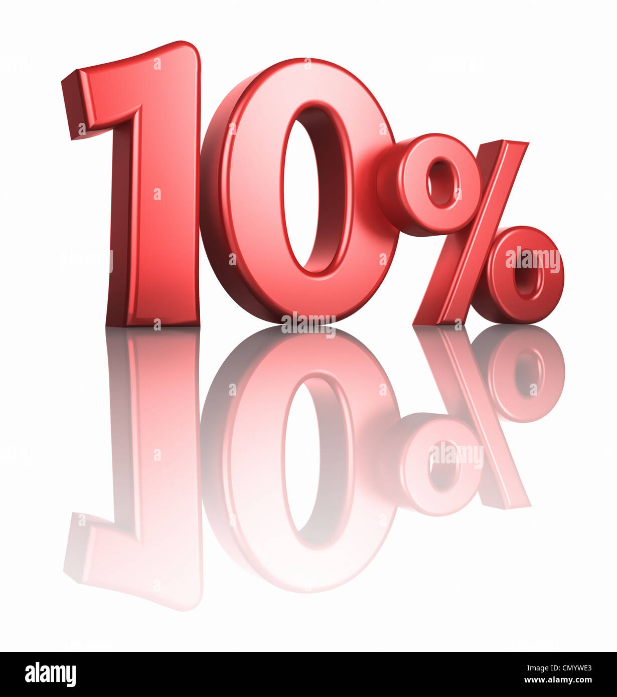 Glossy red ten percent on white background with mirror floor, 3d render ...