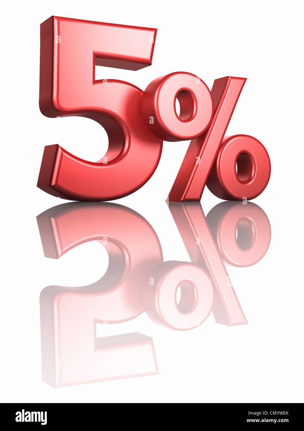 Glossy red five percent on white background with mirror floor, 3d ...
