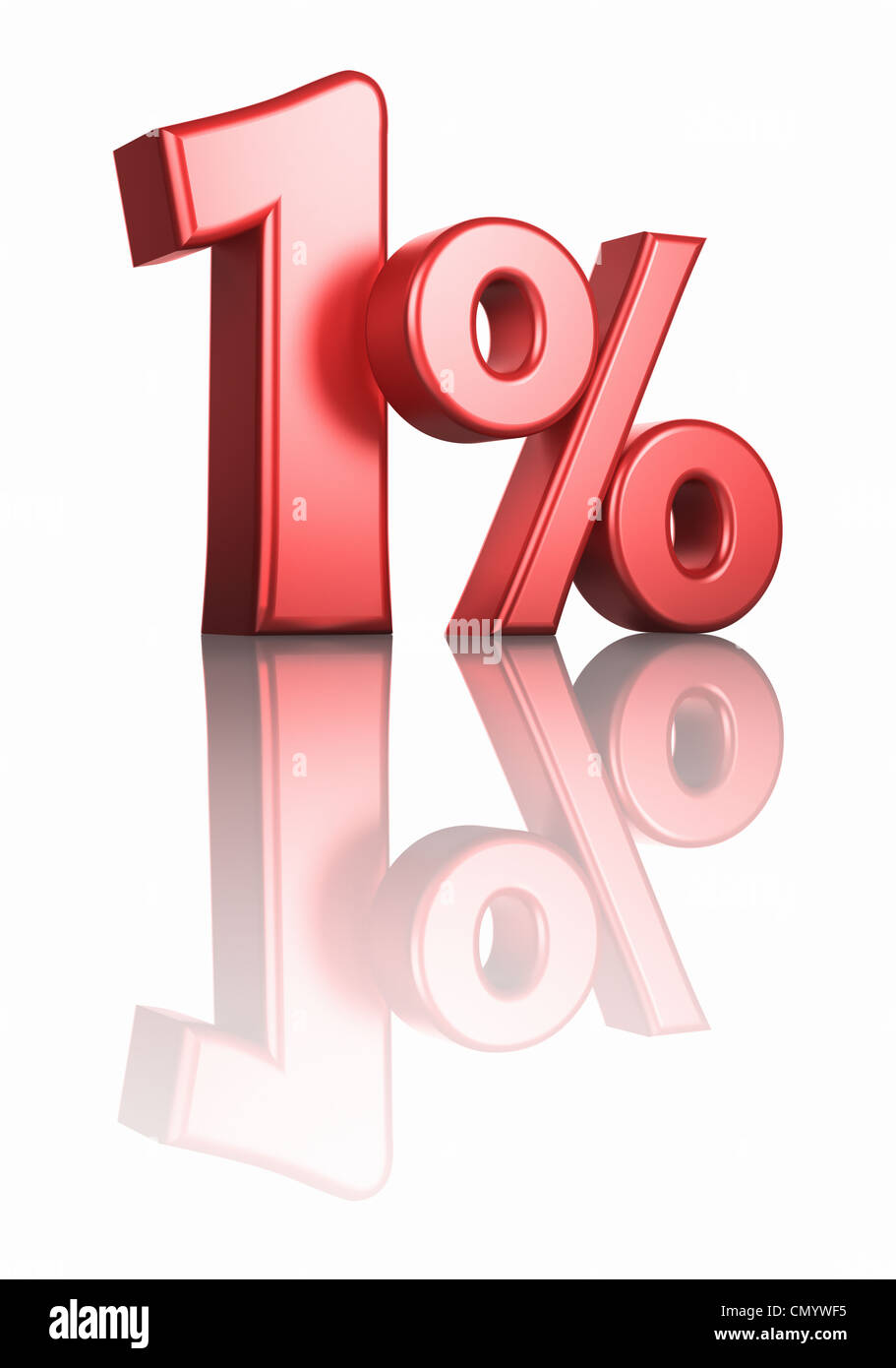 Glossy red one percent on white background with mirror floor, 3d render ...