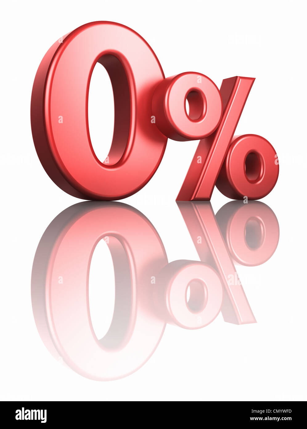 Glossy red zero percent on white background with mirror floor, 3d ...