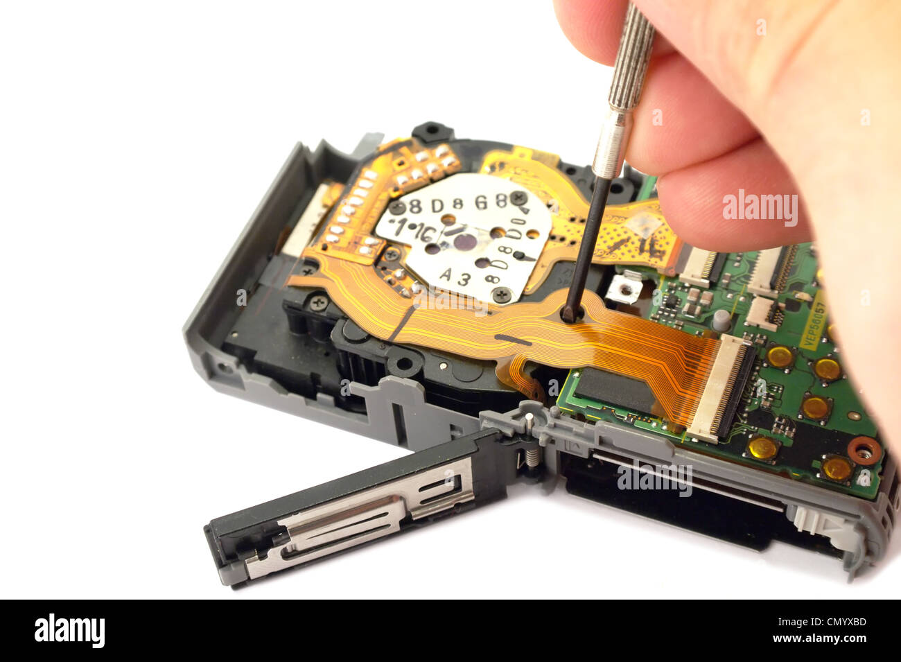 Technic Repair with screw micro electronic on white background Stock ...