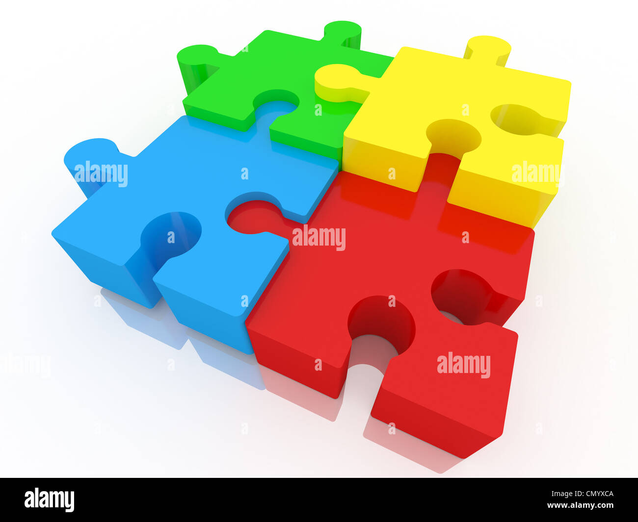 Blue, yellow, green,red puzzle on white background with reflection ...