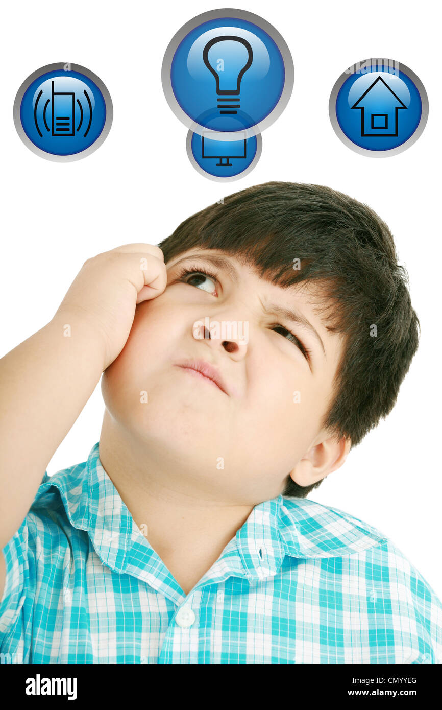 Little boy thinking isolated on white background Stock Photo - Alamy