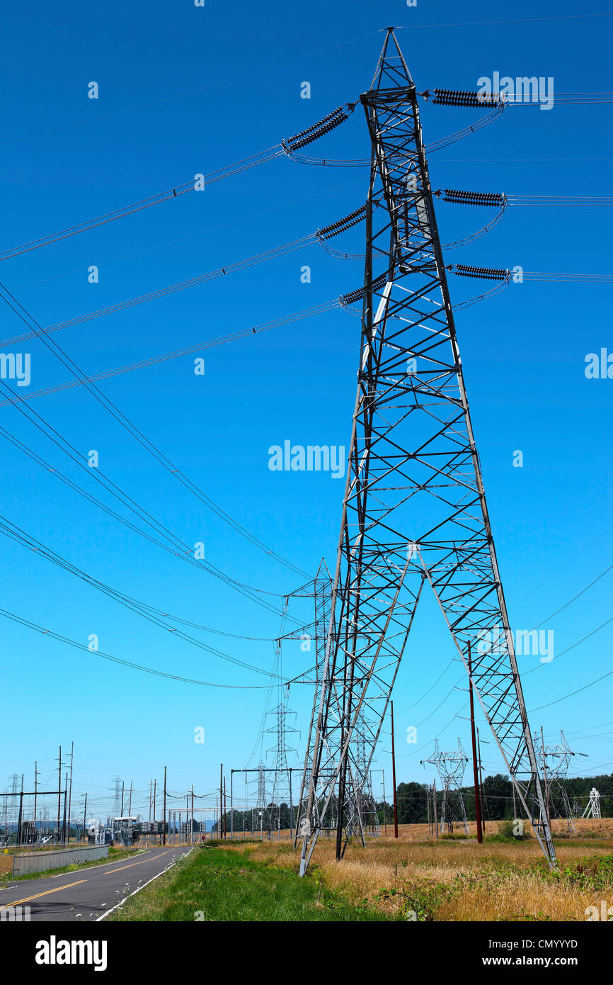 Electrical towers a distribution system, Oregon Stock Photo - Alamy