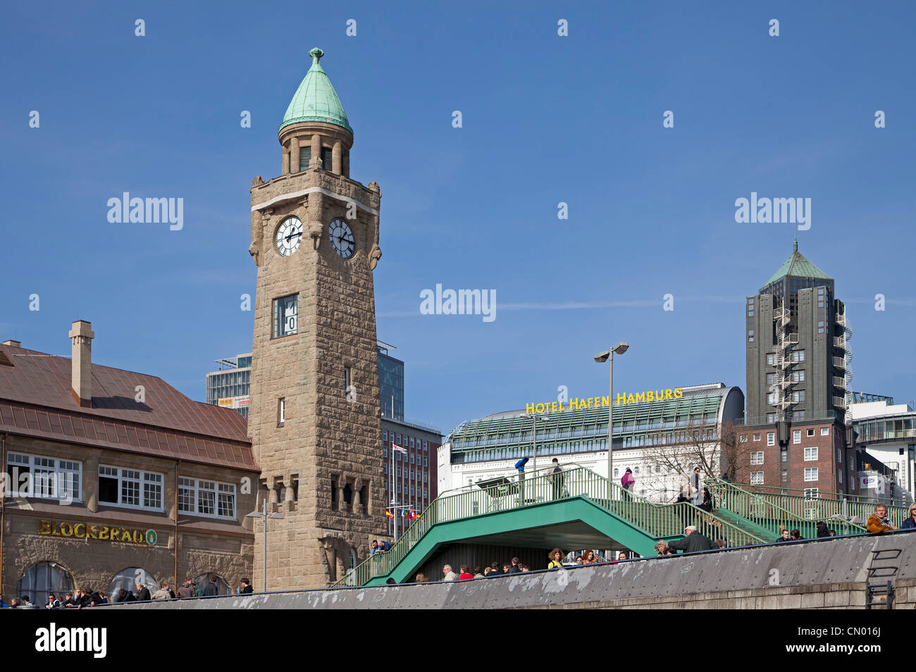 clock tower at Landungsbruecken, harbour of Hamburg, Germany Stock ...