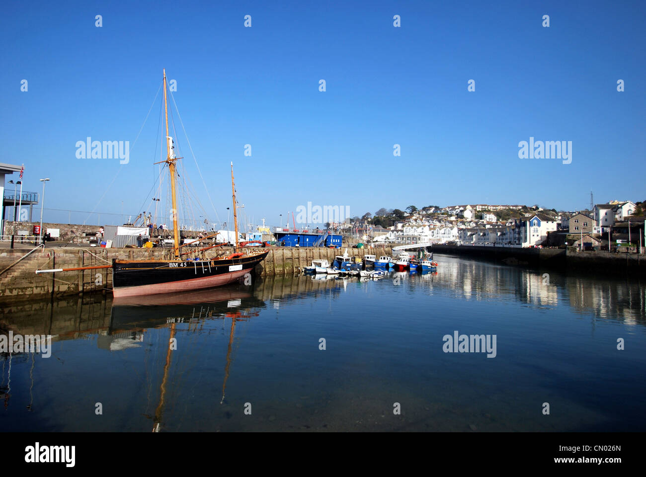 Brixham Inner harbour in South Devon in the UK with the preserved ...