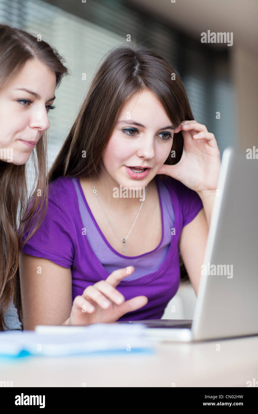 Two female college students working on a laptop computer during class ...