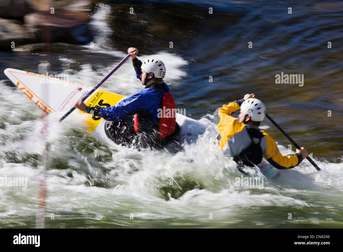 Tandem whitewater kayak slalom racers, Arkansas River, Salida, Colorado ...