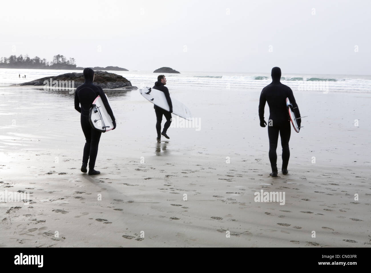 Three Surfers Walk on Beach Toward the Surf, Tofino, British Columbia ...