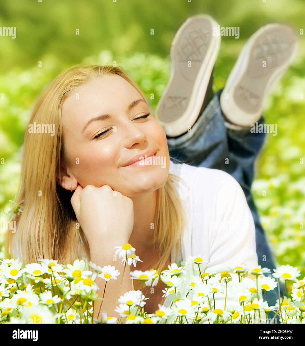 Beautiful Woman Enjoying Daisy Field Nice Female Lying Down In The