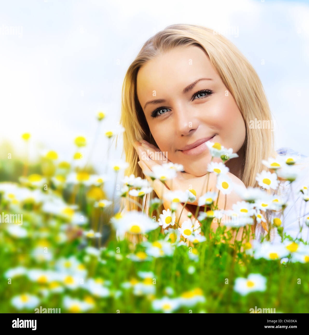 Beautiful Woman Enjoying Daisy Field And Blue Sky Nice Female Lying