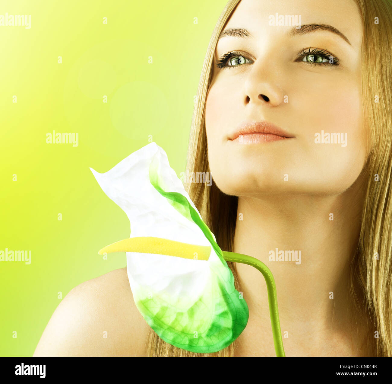 Fresh female face portrait, beautiful model holding calla flower ...